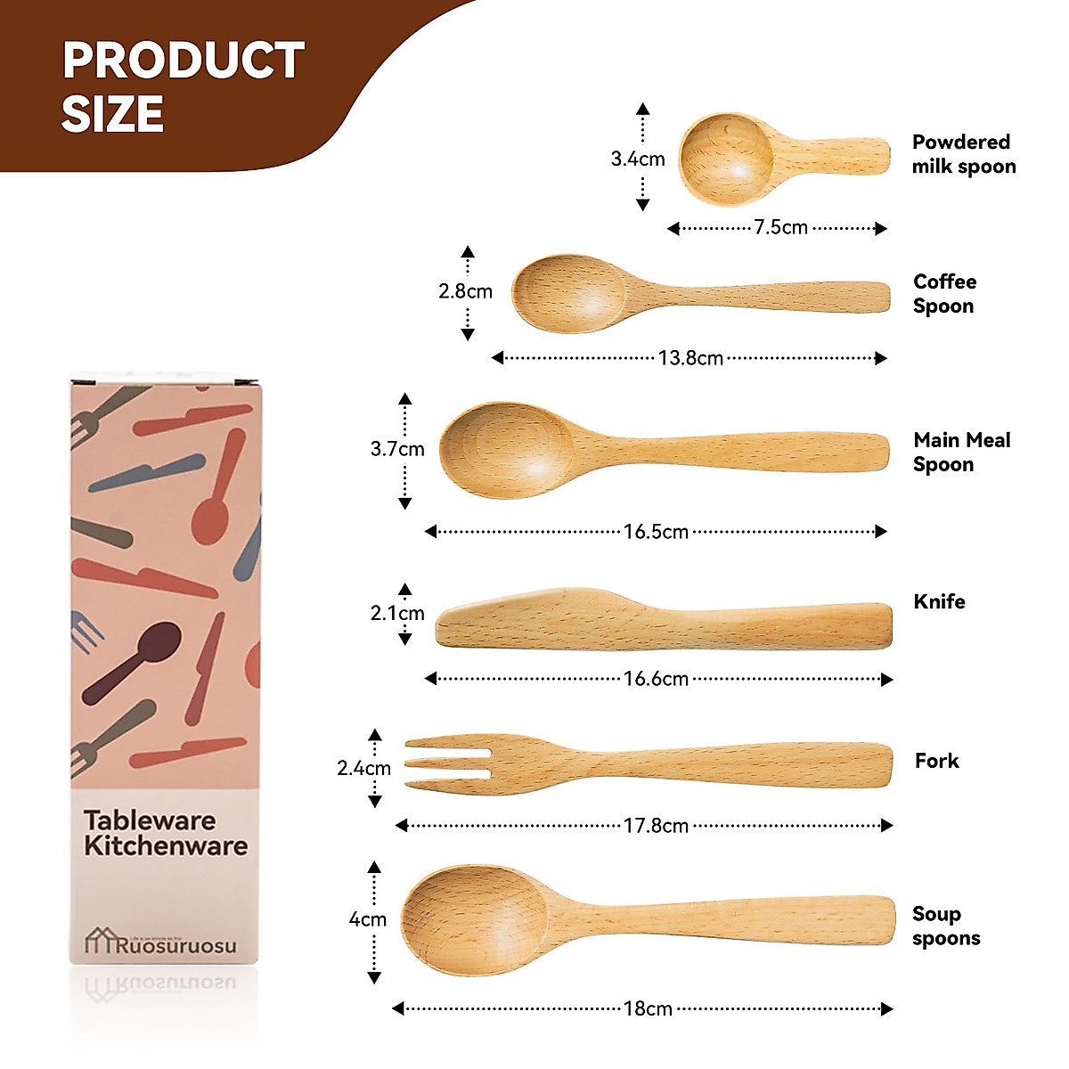 Wooden Spoon for Eating, Fork and Knife Set(6 pcs), Salad Spoon, Spreader Knife, serving spoon, Small Scoops for Canisters, Coffee Spoon, Portable Travel Tableware, Natural Wood Cutlery Set Reusable