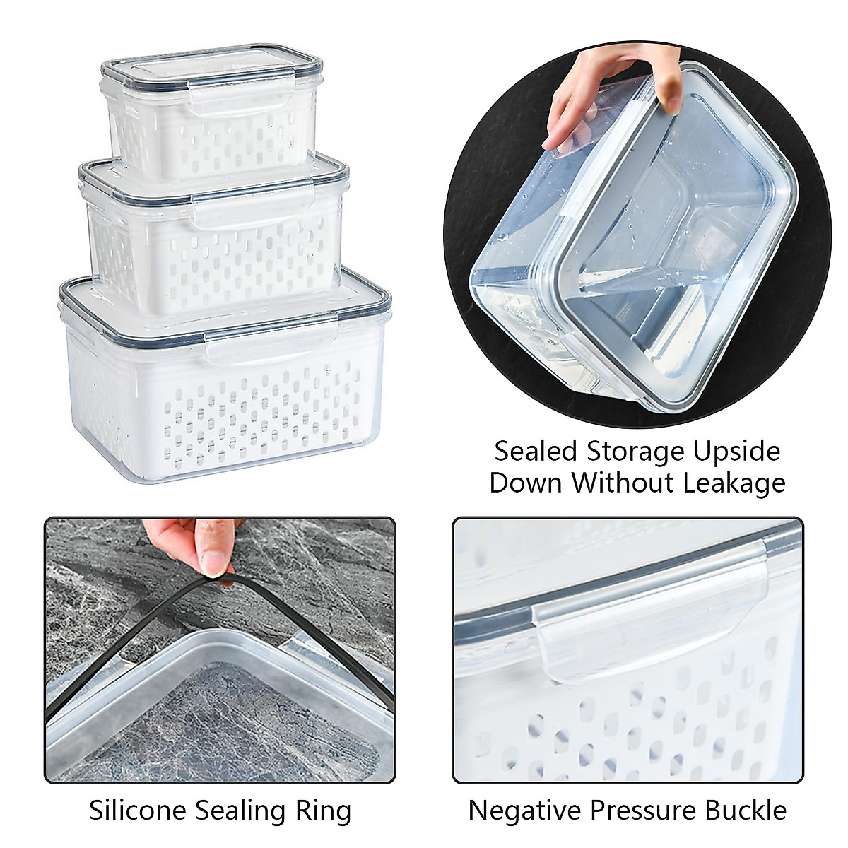 Lizbin 3 PCS Fruit Storage Containers for Fridge with Removable Colander, Leak proof Food Storage Containers, Airtight Food Storage Containers, Food Storage Containers with Lids, Keep Food Meat Fresh