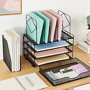 Spacrea Modern Minimalist Black 4-Tier Letter Trays Paper Organizer with File Holder and Drawer, Desk Accessories