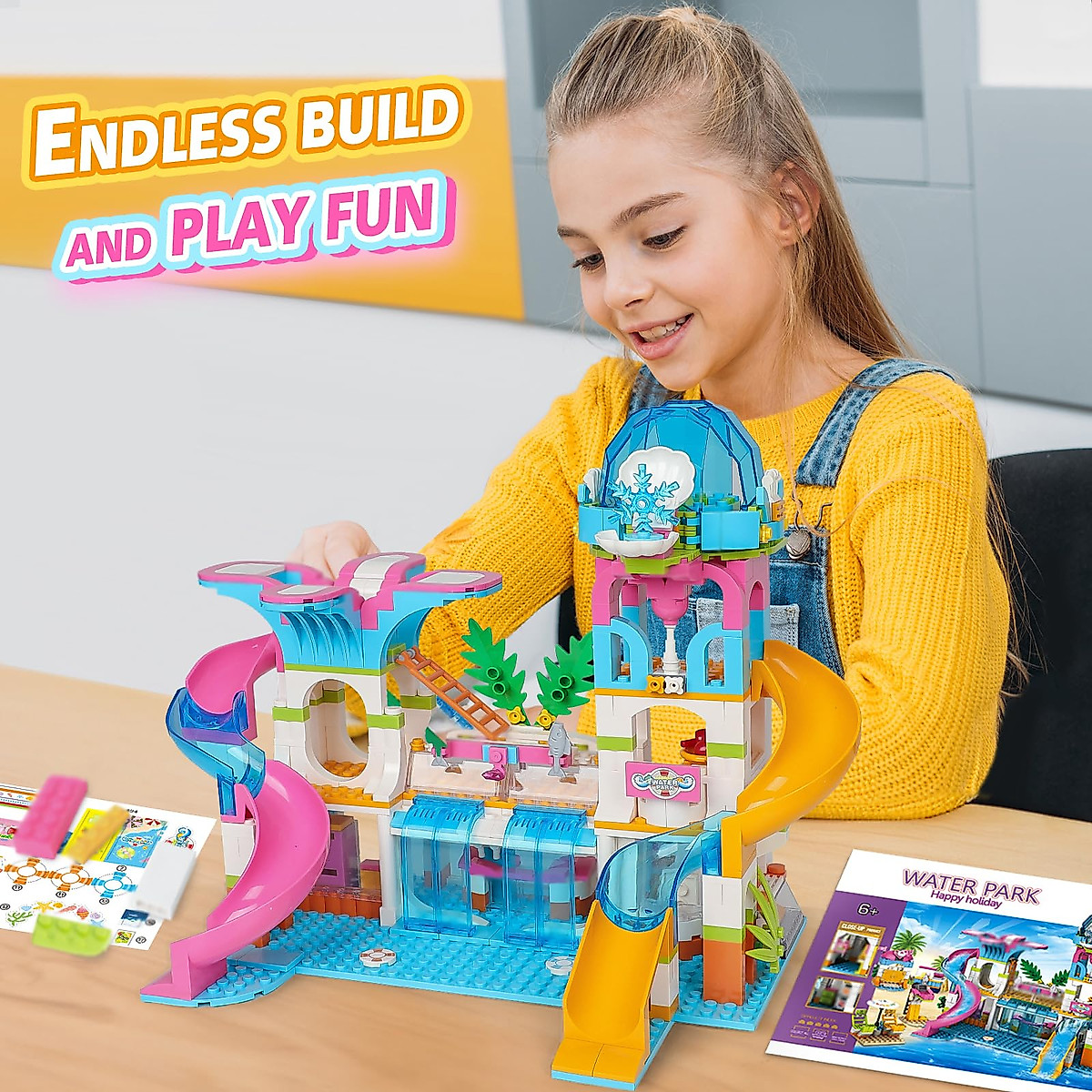 Friends Summer Fun Water Park Building Set Featuring Ice-Cream Cart, Shower Room, Beach Chairs and Lifeguard Stand, STEM Toy Roleplay Gift for Kids Boys Girls Aged 6-12 (875 Pieces)