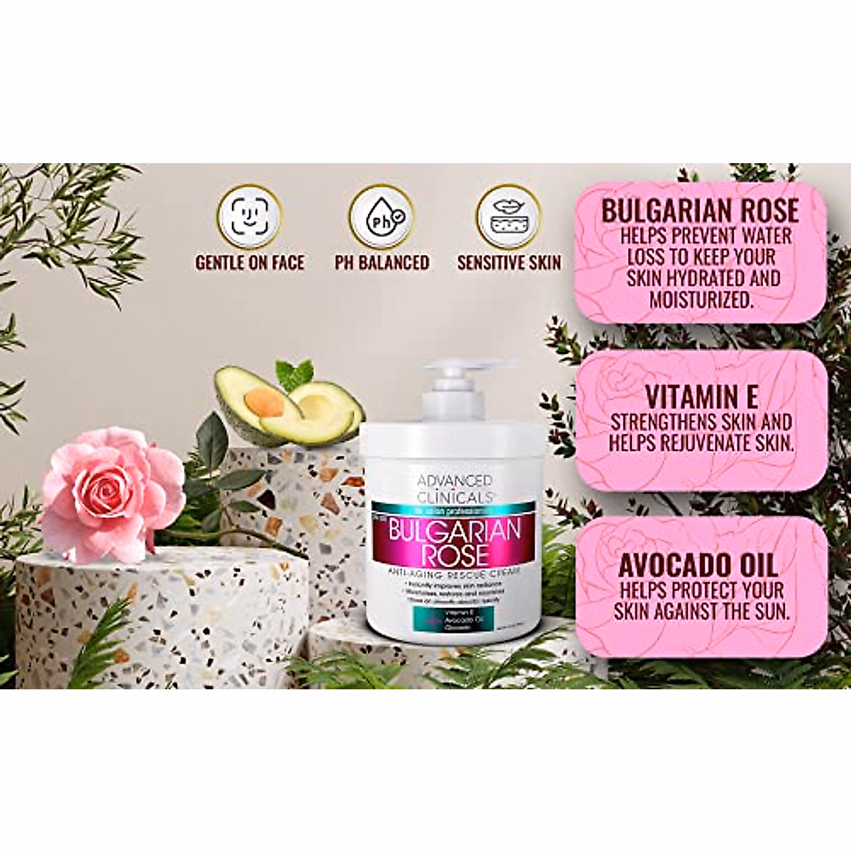 Advanced Clinicals Bulgarian Rose Anti Aging Rescue Cream Face & Body Moisturizing Skin Care Lotion, Brightening Skincare Moisturizer For Dry Skin, Age Spots, & Improving Skin Radiance, Large 16 Oz