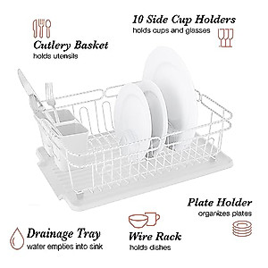 Kitchen Details 3 Piece Twisted Chrome Dish Drying Rack | Cutlery Basket | Drain Tray | Countertop | Sink | White