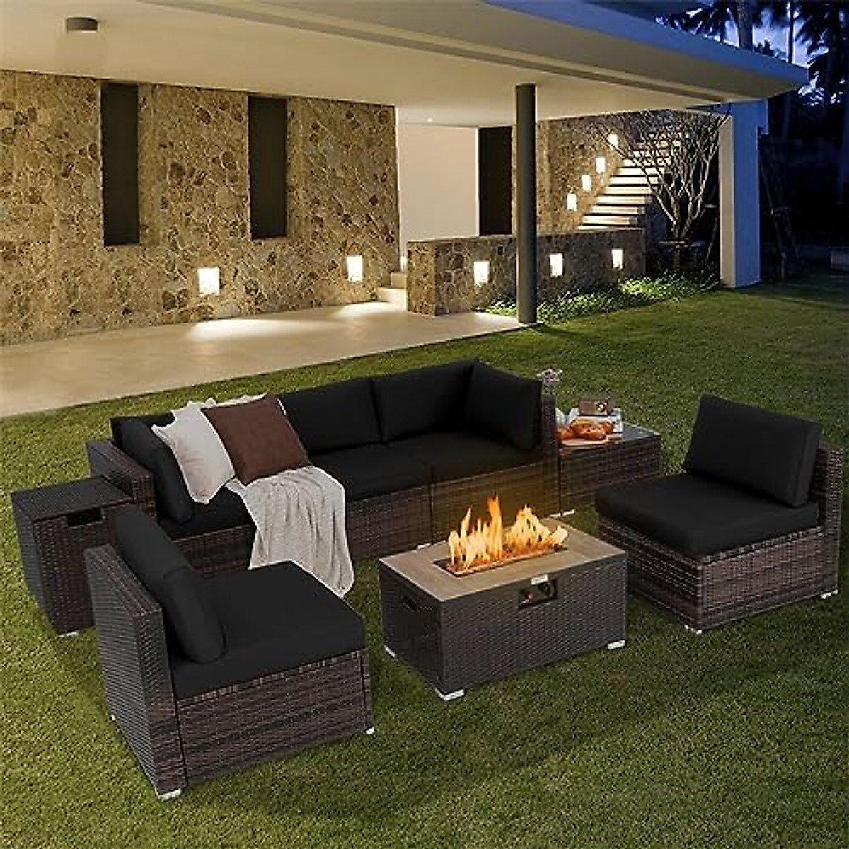 BaRdzo 8PCS Patio Rattan Furniture Set Fire Pit Table Tank Holder Cover Deck Black