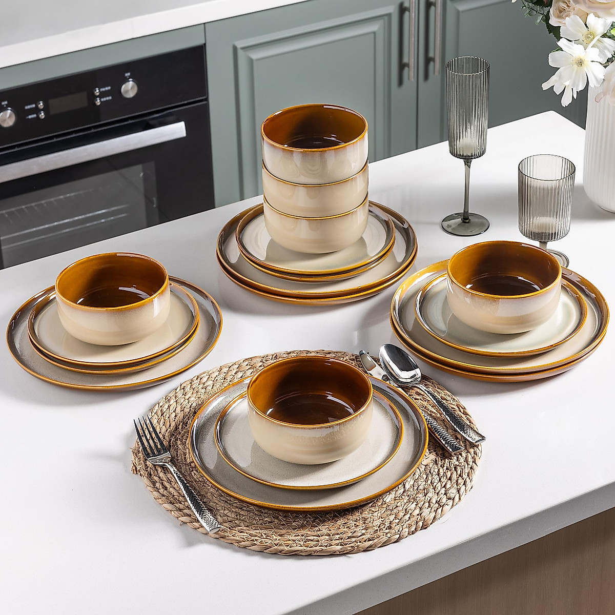 LeRatio Ceramic Dinnerware Sets for 4,12-Piece Plates and Bowls,Handmade Reactive Glaze Dishes Set,Chip Resistant and Scratch Resistant | Oven Dishwasher & Microwave Safe,Service for 4-Kahki