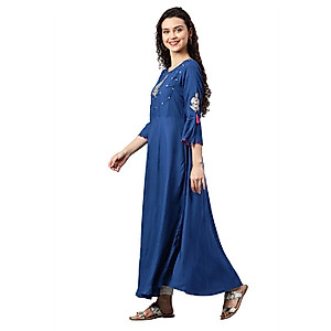 Yash Gallery Indian Rayon Embroidered Regular Kurtis for Women (Blue)