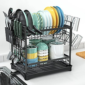 Xdsirone Dish Drying Rack, 2-Tier Dish Rack with Drainboard Cutlery Holder Cup Holder, Rustproof Dish Drainer for Kitchen Counter