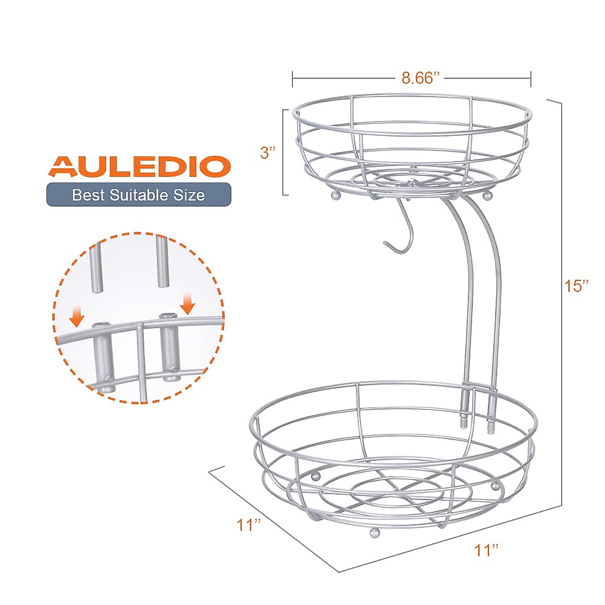 JUWA Auledio 2-Tier Countertop Fruit Vegetables Basket Bowl Storage With Banana Hanger,Silver