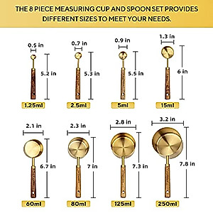 Muchtolove Measuring Cups and Spoons Set of 8, Golden Stainless Steel Measuring Cup with Wooden Handle, Kitchen/Food/Liquid/Baking
