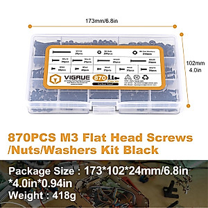 VIRGUE 870Pcs M3 Flat Head Phillips Machine Screws Black, M3 x 4/5/6/8/10/12/16/20/25/30mm Countersunk Metric Machine Screws Assortment Kit