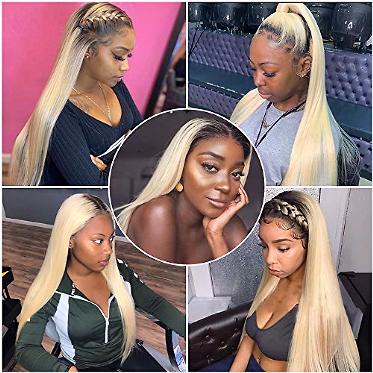Ombre Blonde Lace Front Wigs 4x4 Closure Brazilian Human Hair #1B/613 Dark Roots Remy Hair Wig Pre Plucked Hairline Bleached Knots with Baby Hair Straight Long Colored Hair