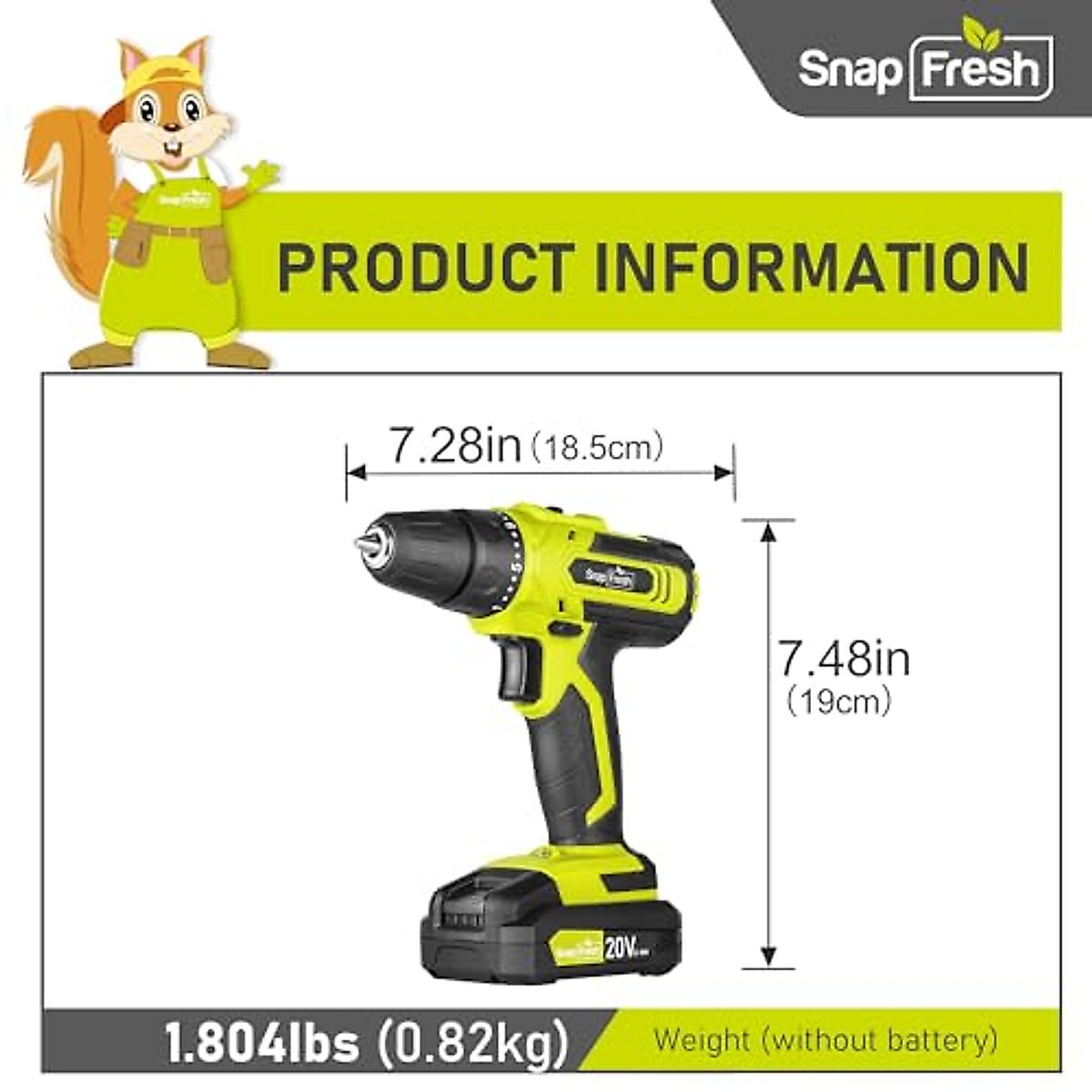 SnapFresh Cordless Drill - 20V Cordless Drill with Battery and Charger, Power Drill Set with 2 Variable Speed, 21+1 Torque Setting, Lightweight, LED, 43pcs Drill Bits, Impact Drill Set for Home, DIY