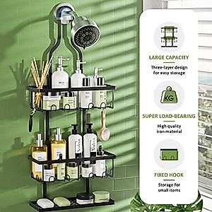 AHNR Bathroom Hanging Shower Caddy Over Shower Head Organizer, Rustproof Shower Organizer with Hooks and Adhesives, Anti-Swing Over the Shower Head Caddy Black