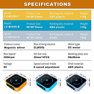 LVDALAB Magnetic Stirrer, Mini Magnetic Stir Plate with 4 Pcs Stir Bars and 1Retriever, 3000RPM Magnetic Stirrer Mixer Lab Stirrers, Max Capacity 2000ml, Brushless DC Motor 5 Gear Speed-Yellow