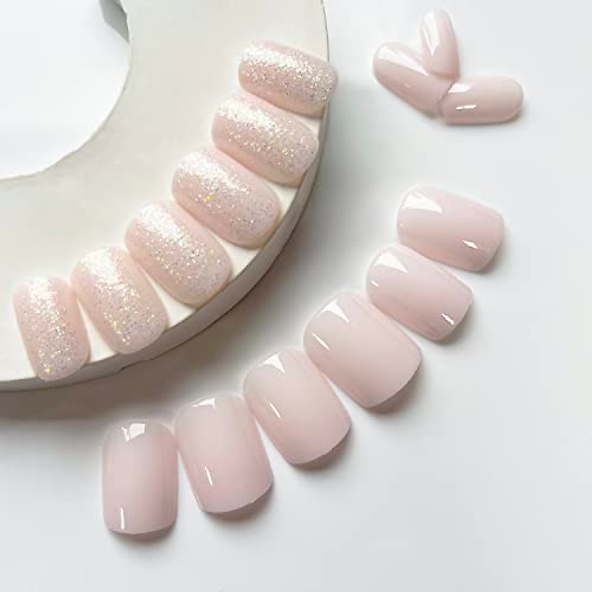 KSTBJN 24 Pcs Short Press on Nails Cute Square Fake Nails, Glitter Glue on Nails with Design Full Cover Stick on Nails Light Pink Acrylic Nails Glossy Artificial False Nails for Women DIY Manicure