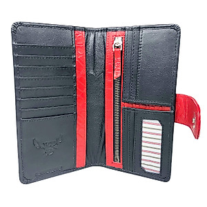 Leather Book LW-1804 Red Crocodile Ladies Wallet|10 card slots|1 card window|4 slide pockets|1 zip pocket | Black Cowhide & Red cowhide Crocodile Print Leather