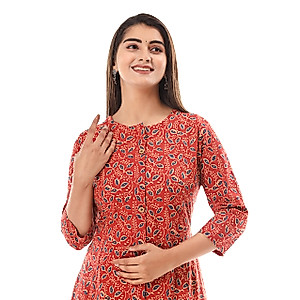 Vihaan Impex Printed Casual Red Floral Kurti for Women Long Kurta Tunic 3/4 Sleeve (as1 alpha l regular regular)