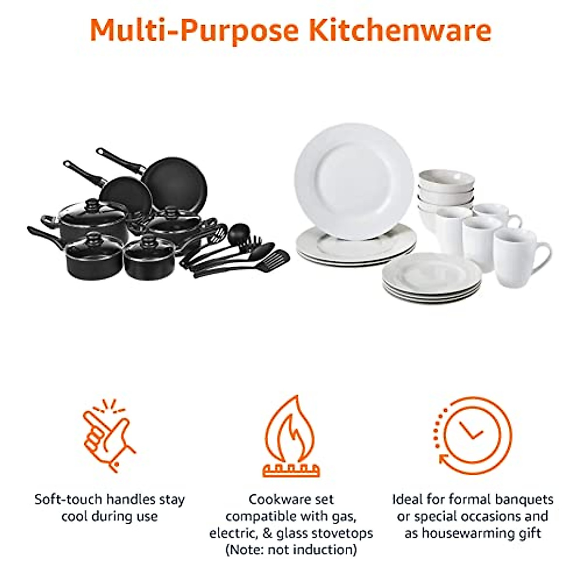 Amazon Basics Non-Stick Cookware Set, Pots, Pans and Utensils - 15-Piece Set & 16-Piece Kitchen Dinnerware Set, Plates, Bowls, Mugs, Service for 4, White