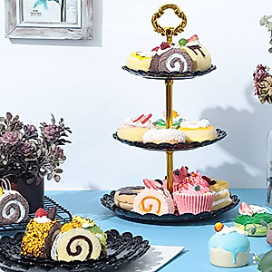 4 Sets 3 Tier Plastic Cupcake Stand Dessert Plates Mini Cake Fruit Candy Display Tower Reusable Tiered Snack Serving Tray Black Gold for Wedding Tea Party Decor