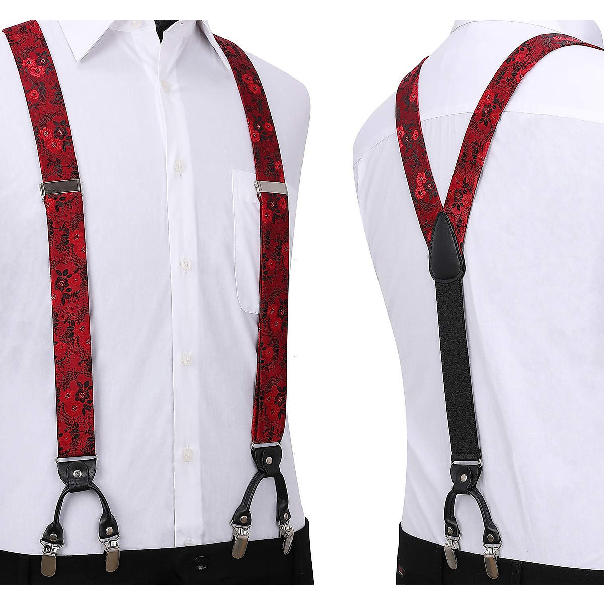 HISDERN Red Bow Tie and Suspenders for Men Paisley Floral 6 Clips Adjustable Braces Y Shape Tuxedo Suspenders & Pocket Square Set