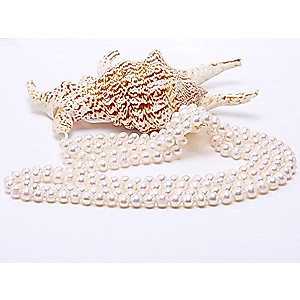 JYX Pearl Long Strand Necklace Natural White 8mm Flat Round Freshwater Cultured Pearl Necklace Endless Sweater Necklace 64"
