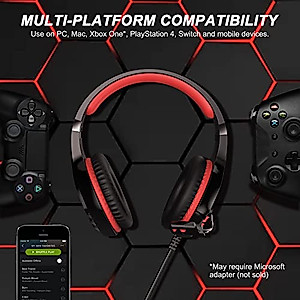 NPET HS10 Stereo Gaming Headset for PS4 PC Xbox One PS5 Controller, Noise Cancelling Over Ear Headphones with Mic,LED Light, Bass Surround, Soft Memory Earmuffs for Laptop Mac Nintendo NES Games Red