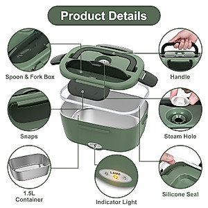 Vabaso Electric Lunch Box Food Heater, 2 in 1 Portable Heated Lunch Box for Car Truck Home Work Adults Food Heating, Leak Proof, 1.5L Removable Stainless Steel Container, 110V/12V/24V 60W