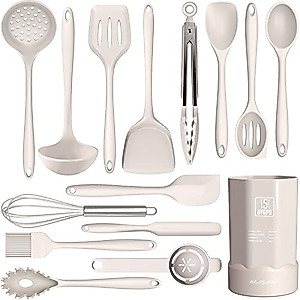 Dishwasher Safe Silicone Cooking Utensils Set - 446°F Heat Resistant Basic Silicone Kitchen Utensils,Turner Tongs, Spatula, Spoon, Brush, Whisk, Gadgets Tools for Nonstick Cookware (BPA Free - Khaki)