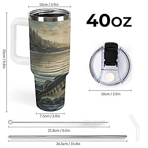 LLUTSNTH 40 Oz Vacuum Tumbler with White Handle Leakproof Insulated Tumbler Lake Fish Fishing Stainless Steel Travel Mug with Lid And Straw Coffee Cup Cute Water Bottles Cup Holder Friendly