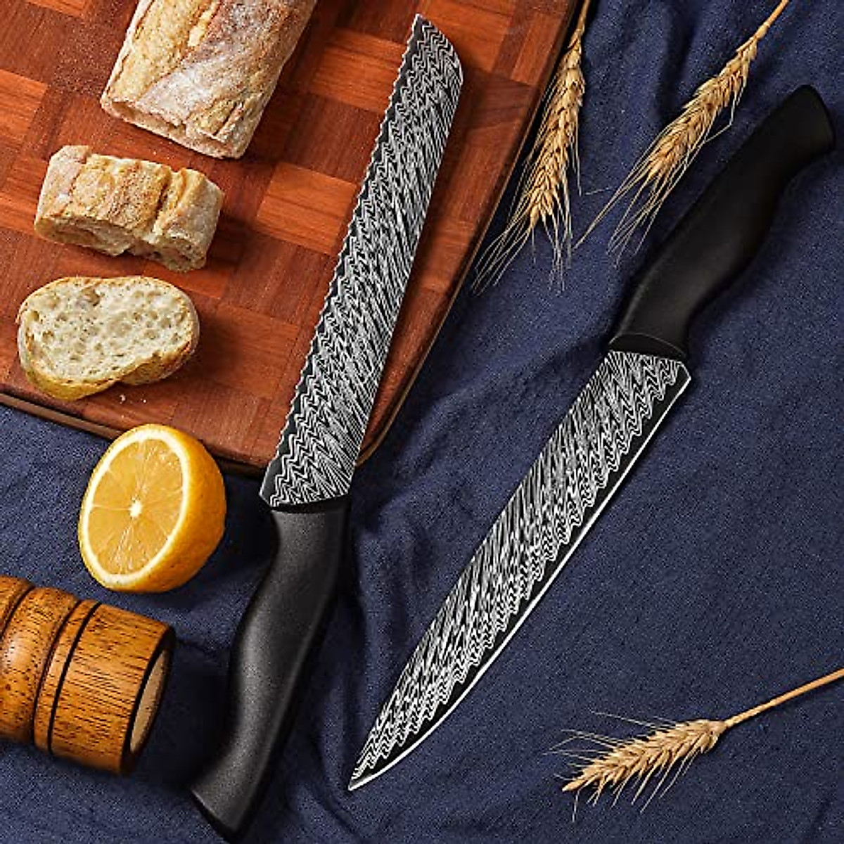 Knife Set, 15 Pieces Damascus Kitchen Knife Set with Built in Knife Sharpener Block, Dishwasher Safe, German Stainless Steel Knife Block Set