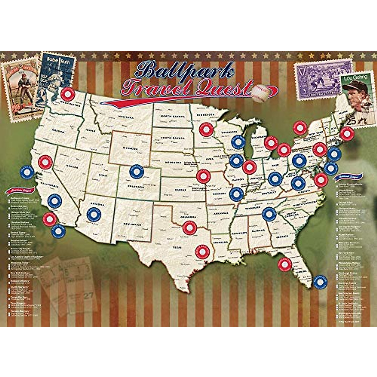 Map Your Travels Ballpark Travel Quest Poster Set | Laminated and Includes Stickers | 19"x26" | Made in the USA