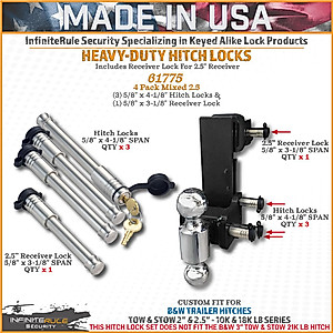 InfiniteRule Security 61775 | 4 Pack Mixed 2.5, Keyed Alike, Hitch Locks for B&W 2.0" & 2.5" Tow & Stow 10K LB & 18K LB - Includes Lock for 2.5" Receiver