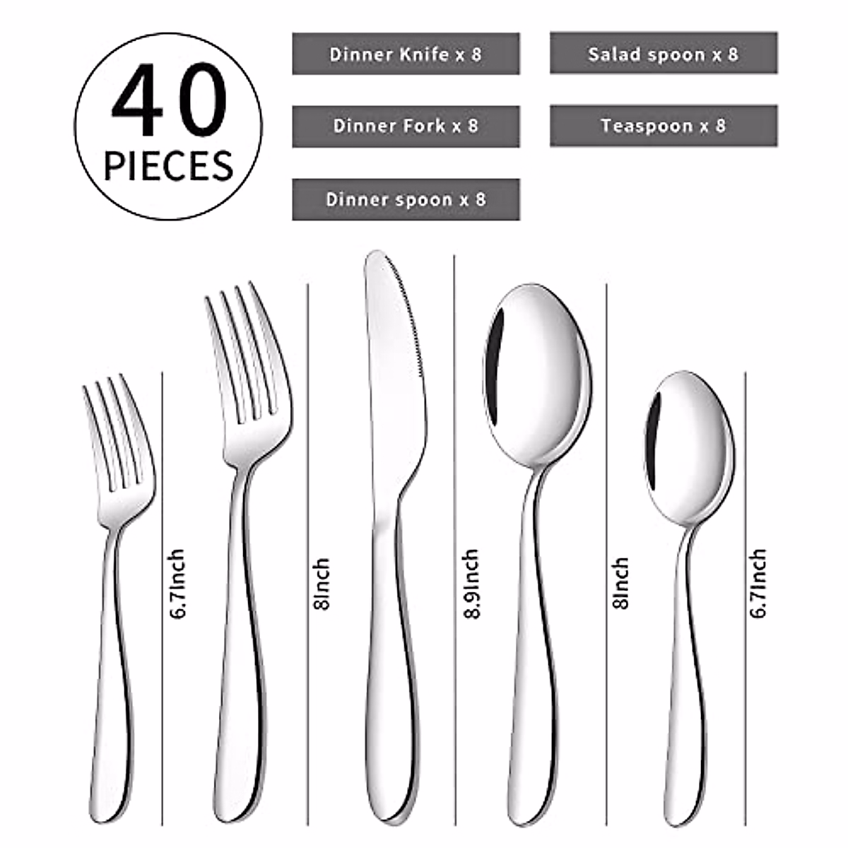 40-piece Silverware Set for 8, Stainless Steel Flatware Cutlery Set, Kitchen Utensil Tableware sets Include Spoon, Fork & Knife for Home, Dishwasher Safe