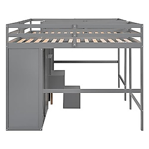 BOVZA Double Twin Size Loft Bed with Storage Stairs and 2 Wardrobes, Wood Loft Bed Frame with Staircase for 2 Kids Girls Boys Teens, Gray