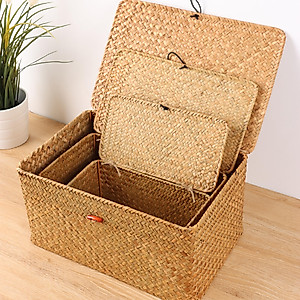 Moosky Wicker Shelf Baskets with Lid,Natural Seagrass Storage Basket Boxes Handwoven Rectangular Baskets Bins Multipurpose Home Organizer Decor (Large)