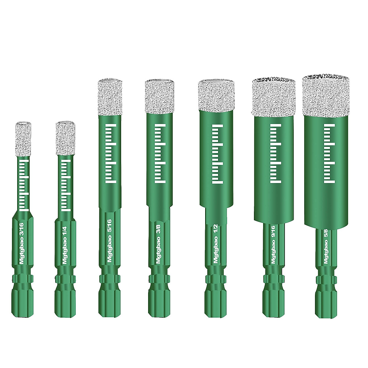 Mgtgbao Green 7PCS Dry Diamond Drill Bits Set, Core Drill bit for Marble Tile Ceramic Stone Glass (NOT for Wood) Hex Shank Diamond Hole Saw Kit Diamond Drill Bits for Porcelain Tile with 3/16 to 5/8
