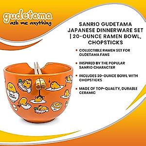 Gudetama Japanese Ceramic Dinnerware Set | Includes 20-Ounce Ramen Bowl and Wooden Chopsticks | Asian Food Dish Set For Home Kitchen | Kawaii Anime Gifts, Official Sanrio Lazy Egg Collectible