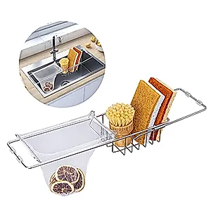 HLWDFLZ Kitchen Sink Strainer Basket - Stainless Steel Expandable Sponge Holder for Kitchen Sink Food Strainer and Sink Accessories Storage Rack