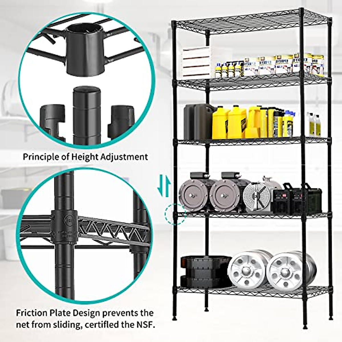 BLKMTY 5 Tier Wire Shelving Unit Height Adjustable Storage Shelves Compact Metal Shelves with Wheels for Pantry Garage Organizer Kitchen NSF Metal Storage Rack 30"x14"x60", Black