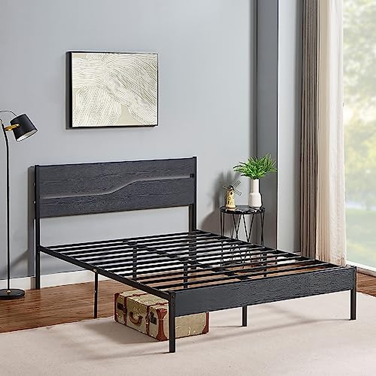 VECELO Full Size Platform Bed Frame with Wood Headboard, Strong Metal Slats Support Mattress Foundation, No Box Spring Needed