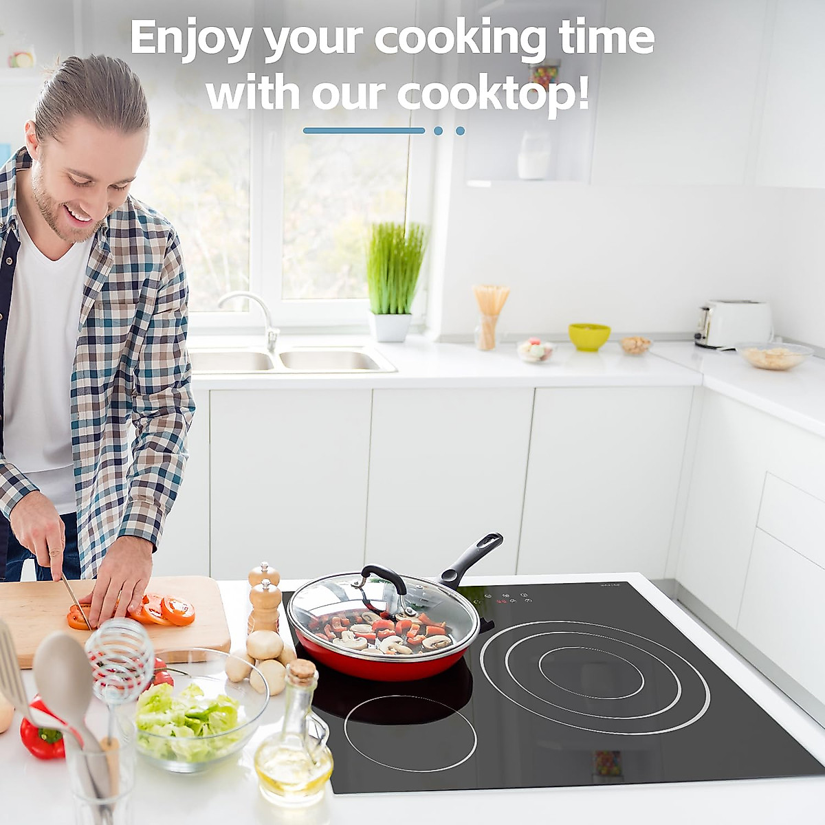 Noxton 24 Inch Electric Cooktop 3 Burners Electric Stove Top, Built-in 24" Radiant Electric Ceramic Cooktop with Expandable Burners, Multifunctional, 220-240v,5700W,No Plug, Hard Wire