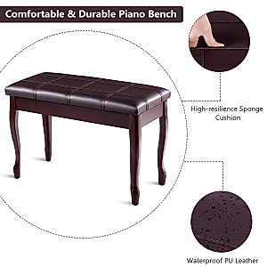 GOFLAME Piano Bench Stool with Padded Cushion and Music Storage, Heavy Duty Piano Duet Seat with PU Leather Padded Seat and Solid Wooden Legs, Perfect for Home Use (Brown)