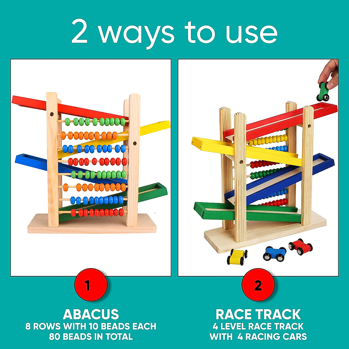 Montessori Toys - Car Track for Toddlers 3-5 with 4 Cars and Abacus for Kids Math - Wooden Cars - Toddler Race Track - Wooden Toys Cars - Autism Toys - Wooden Ramp Racer Car Track Toy Waldorf Toys