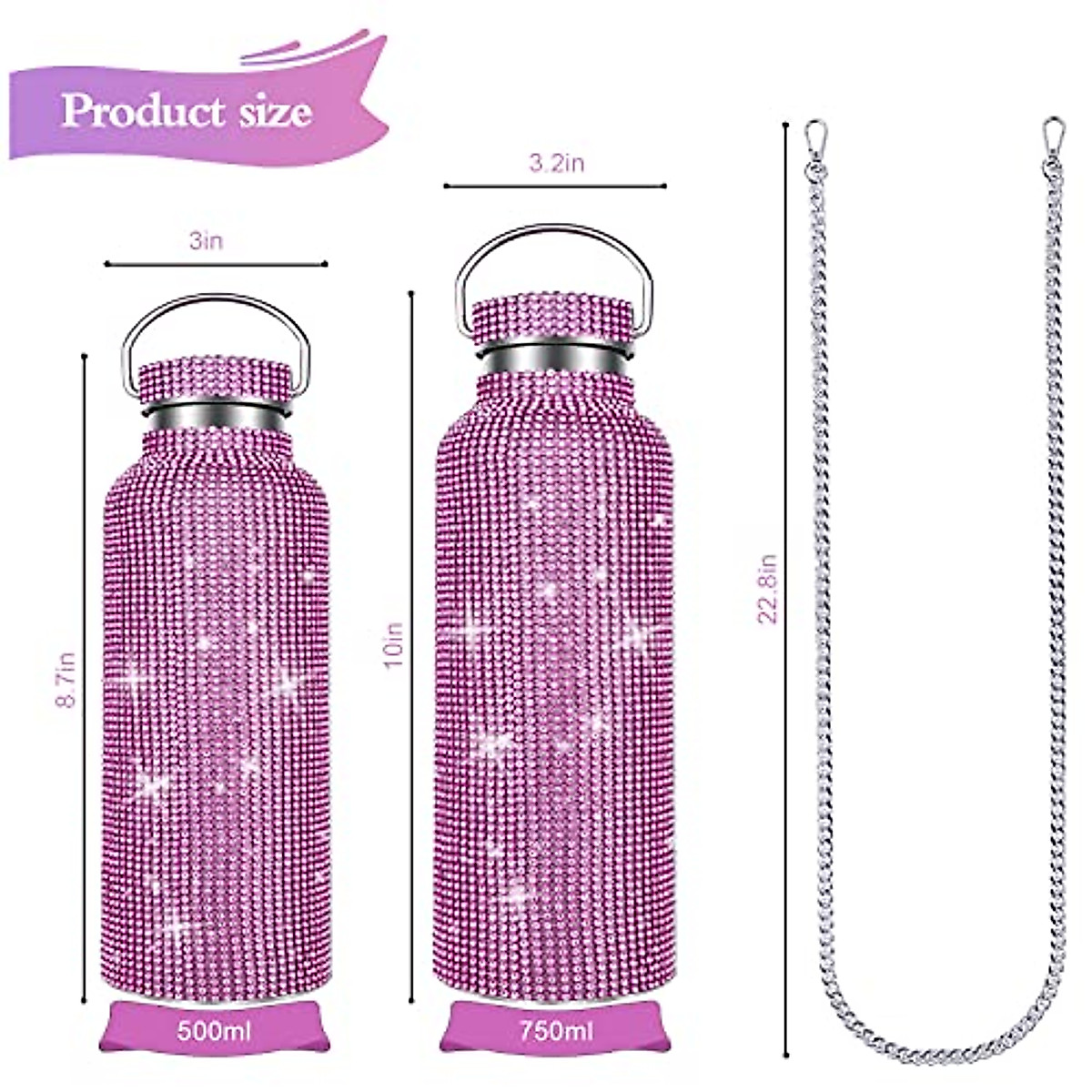 Diamond Water Bottle, Bling Diamond Vacuum Flask, Sparkling Diamond Water Bottle, High-Grade Stainless Steel Rhinestone Vacuum Flask, Leak-Proof Vacuum Flask With Chain (Pink, 500ML)