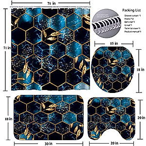 Poedist 4 Pcs Bathroom Shower Curtain Set,Bathroom Sets with Rugs(Bath Mat,U Shape and Toilet Lid Cover Mat) and 12 Hooks,Sky Blue Honeycomb Marble