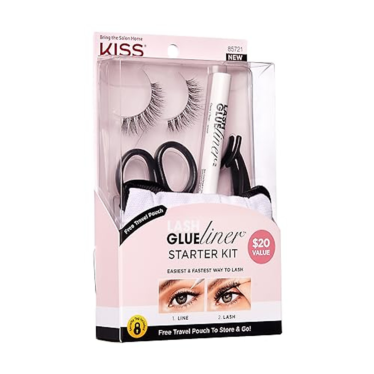 KISS Glueliner False Eyelashes, 'Glue Liner', 10 mm, Includes 1 Pair Of Lash, 1 Glue Liner, 1 Scissors, 1 Applicator, Travel Pouch, Contact Lens Friendly, Easy to Apply, Reusable Strip Lashes