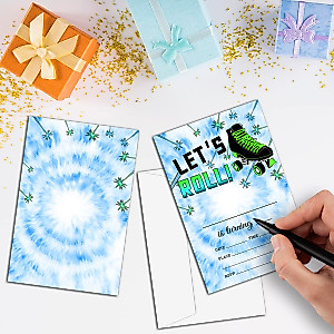 NYCTUG Let's Roll Birthday Invitation(4" X 6"), Tie Dye Roller Skate Birthday Double-Sided Party Invites- 20 Invitations With Envelopes-Party Supplies-A16