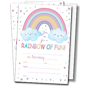 Buildinest Rainbow Birthday Party Invitations with Envelopes (20-Pack), 4"x6" Rainbow Cloud Heart Birthday Invitation Cards, Rainbow of Fun Party Invites-B31