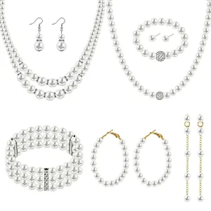 Bonuci 8 Pcs Pearl Jewelry Set for Women Wedding Pearl Necklace Pearl Earrings Pearl Bracelet Set 1920s Pearls Accessories(Graceful Style)