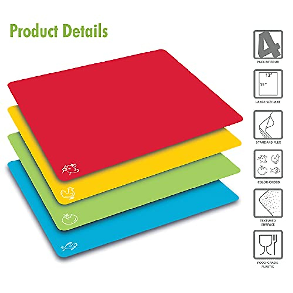 Extra Thick Flexible Plastic Cutting Board Mats, Set of 4, Color Coded with Food Icons, Waffle Back Grip Underside by Better Kitchen Products