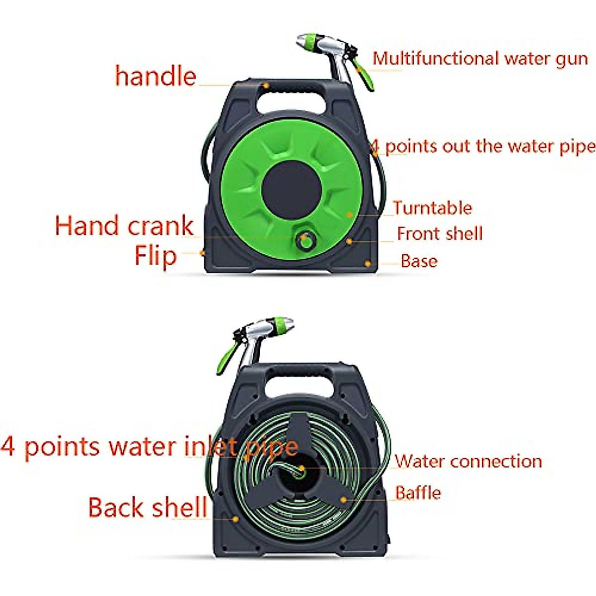 Retractable Garden Hose Reel Portable Simple Household Hose Reel Car With Spray Nozzle And Standard Connector + Plastic Foam Pot Garden Plastic Mini Rolling Hose Reel Various Lengths Of Water Hoses